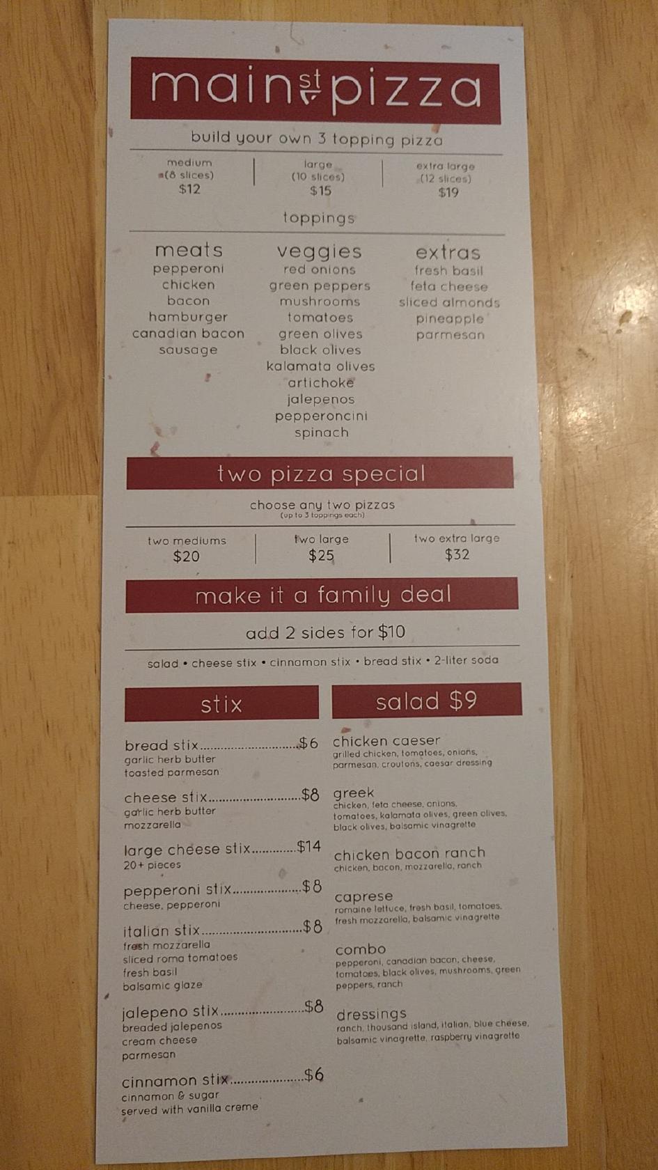 Menu at Main Street Pizza Manti pizzeria, Manti