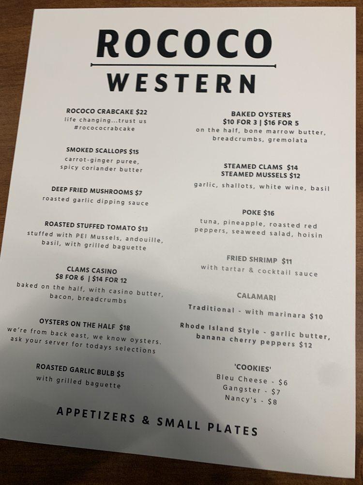 Menu at Rococo on Western restaurant, Oklahoma City, N Western Ave
