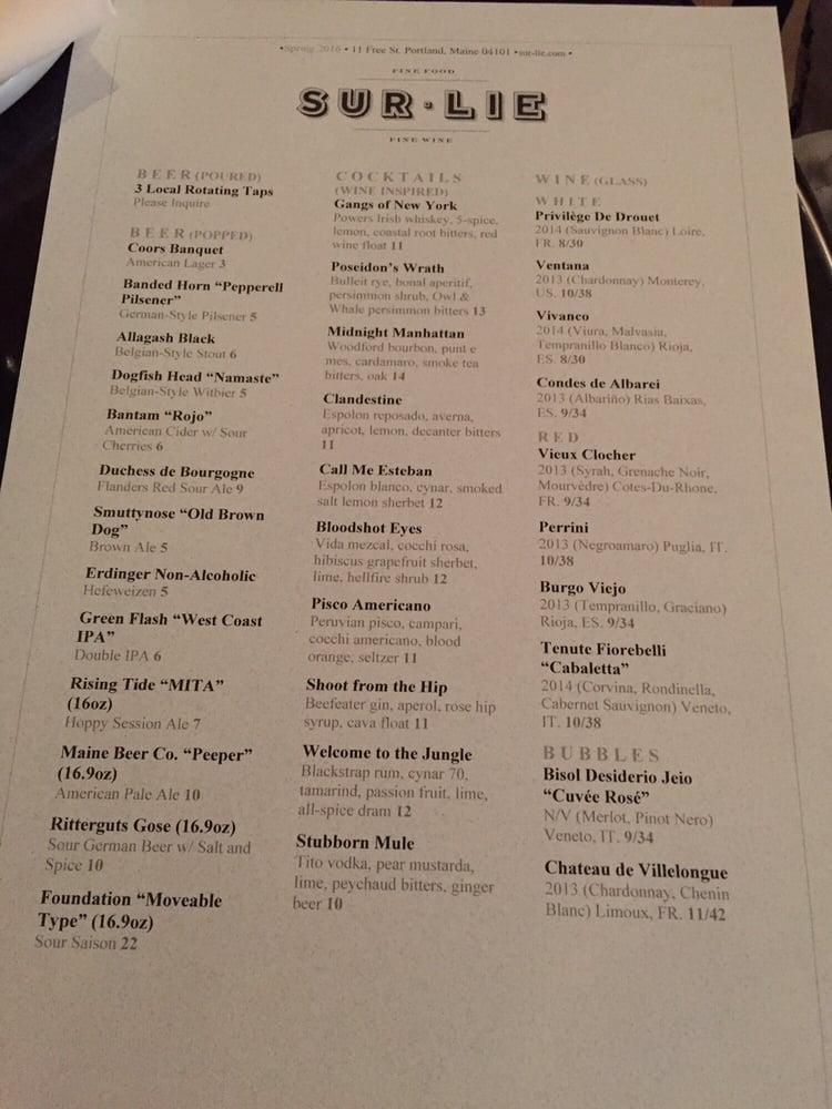 Menu at Sur Lie pub & bar, Portland