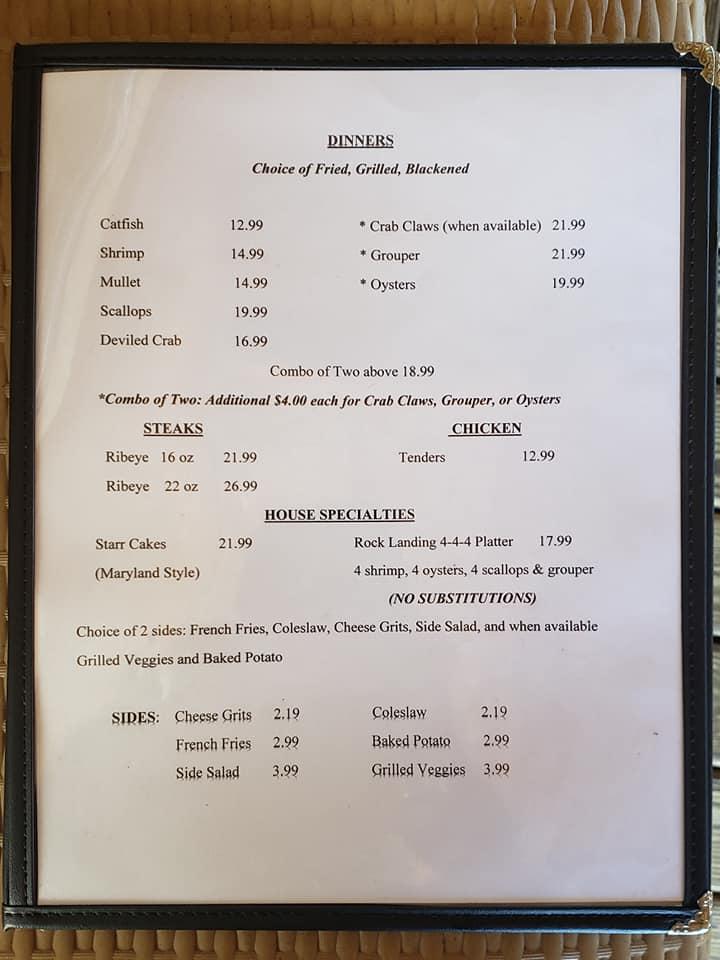 Menu at The Seineyard Rock Landing restaurant, Panacea