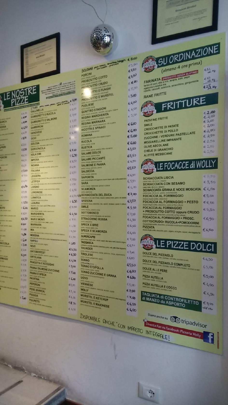 Menu at Wolly pizzeria, Pradalunga