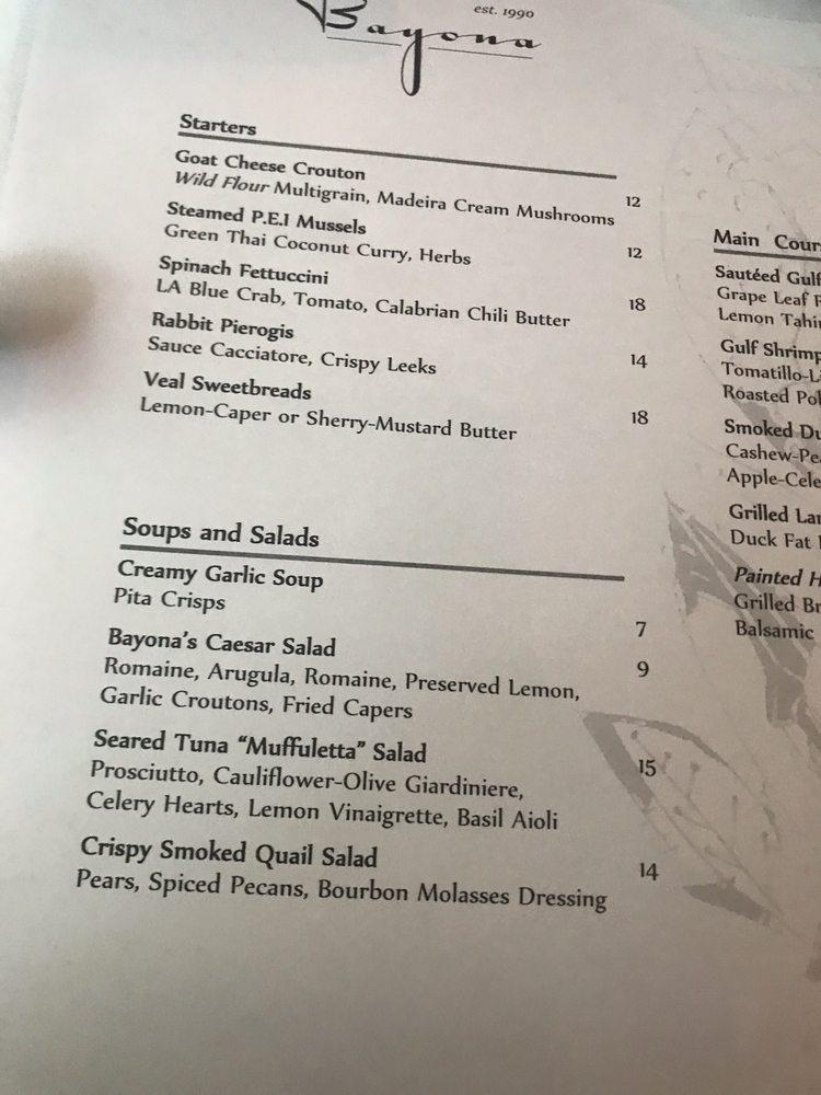 Menu at Bayona pub & bar, New Orleans