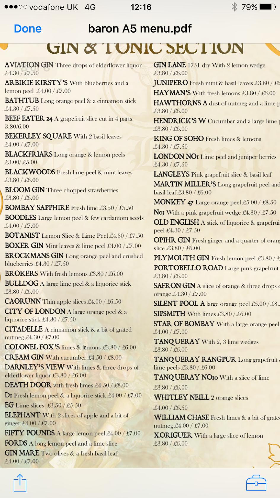 Menu at The Baron, Oxford