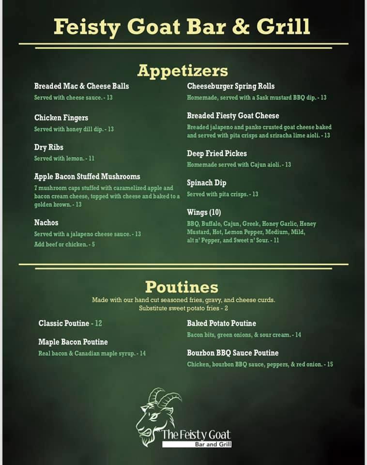Menu at The Feisty Goat Bar And Grill, Saskatoon