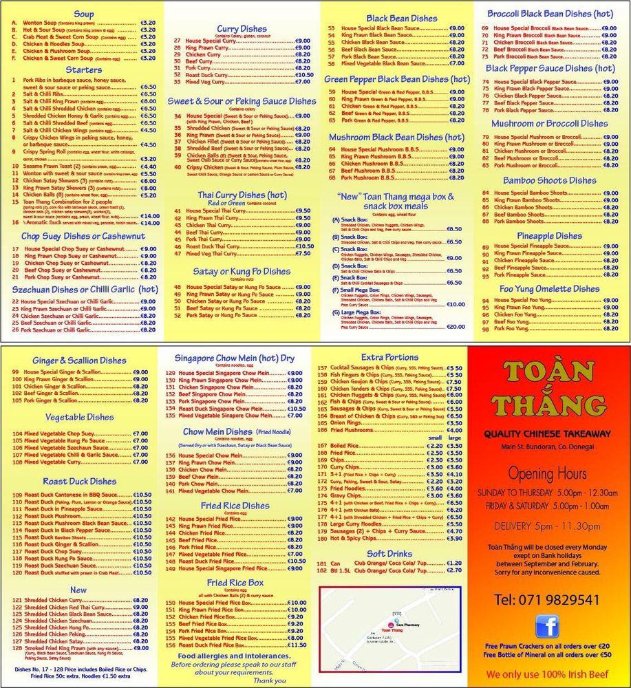 Menu at Toan Thang fast food, Bundoran