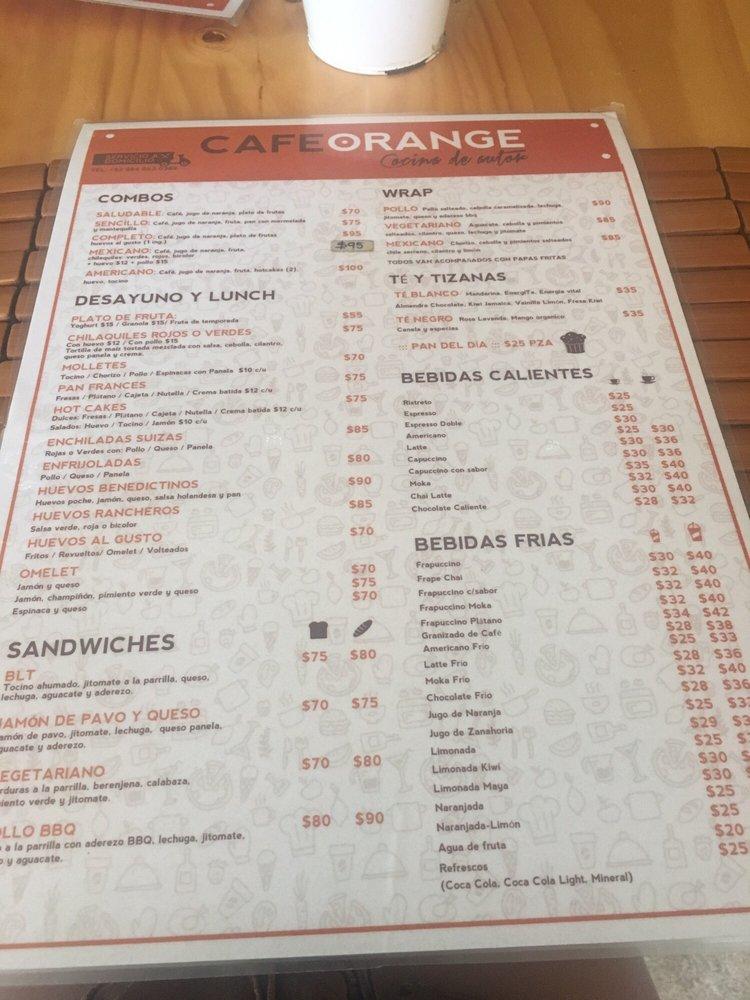 Menu at Cafe Orange, Playa del Carmen, Calle 30 Entre 25 y