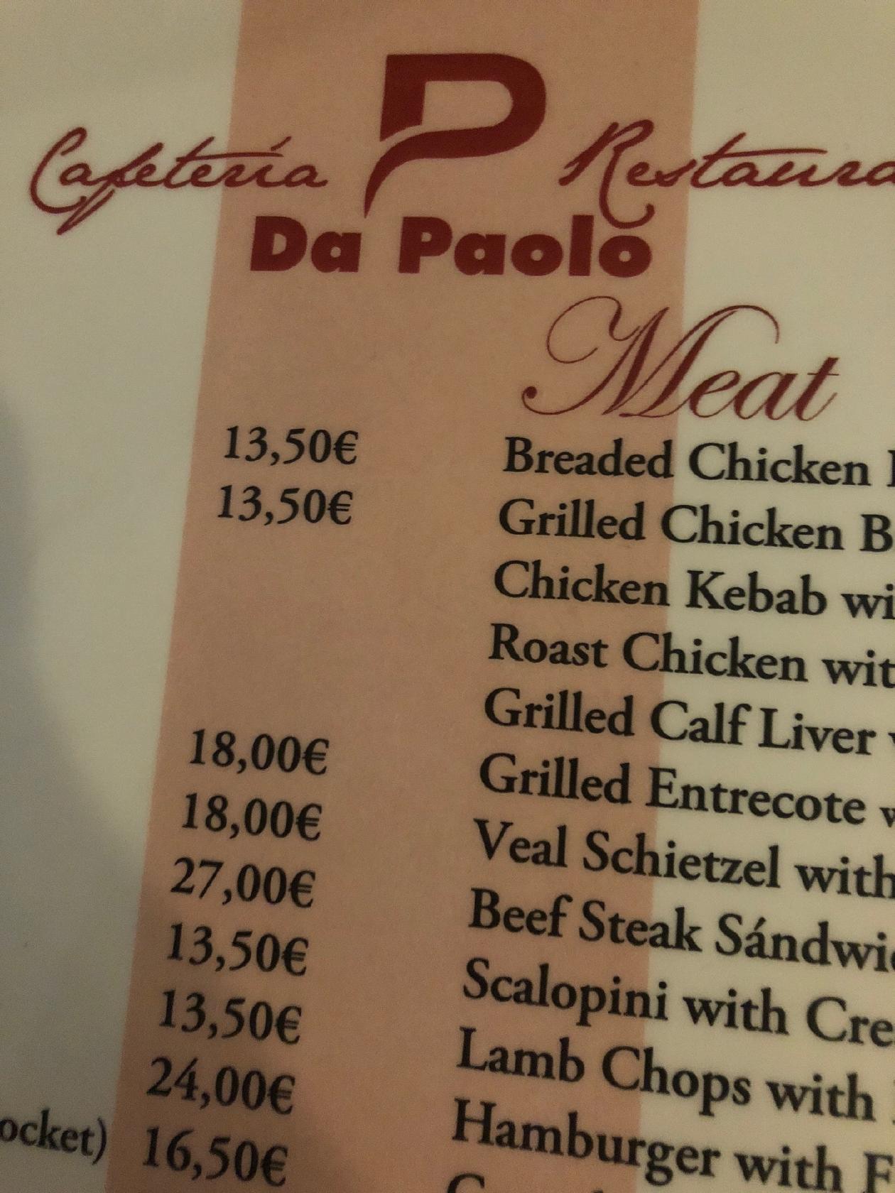Carta del restaurante Da Paolo, Marbella, C. Ribera