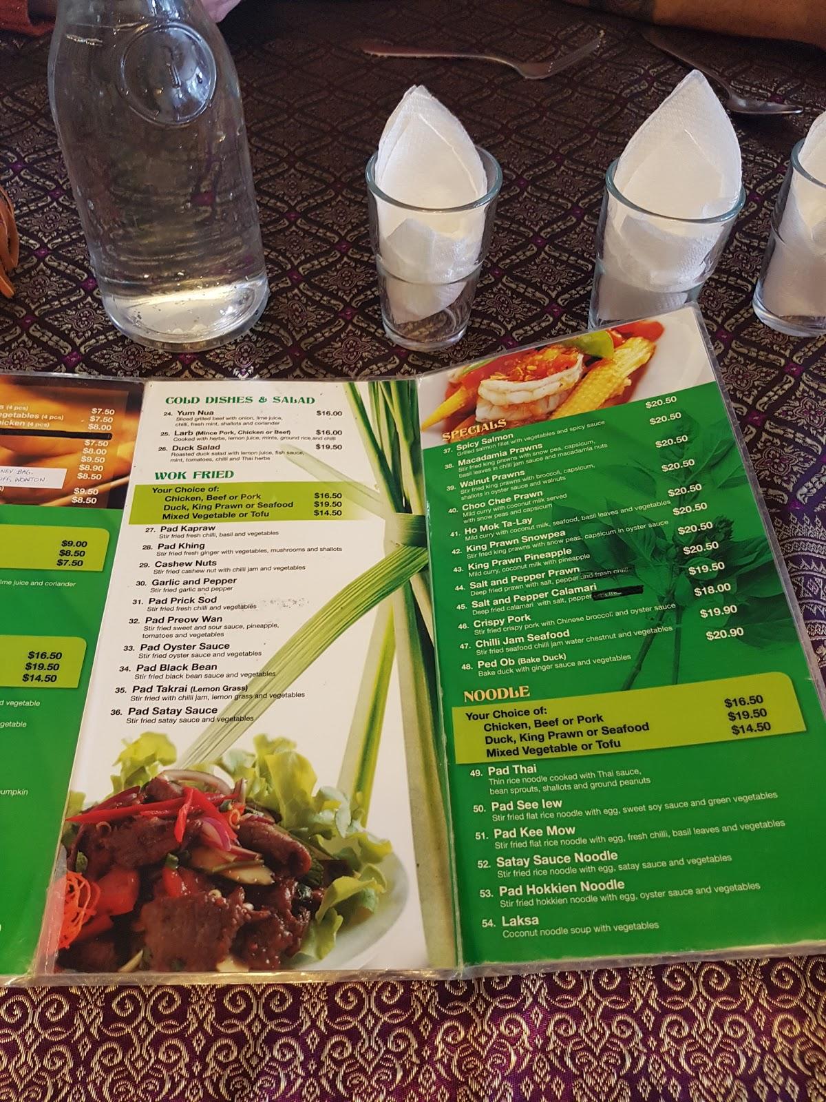 Menu at Moruya Thai Restaurant, Moruya