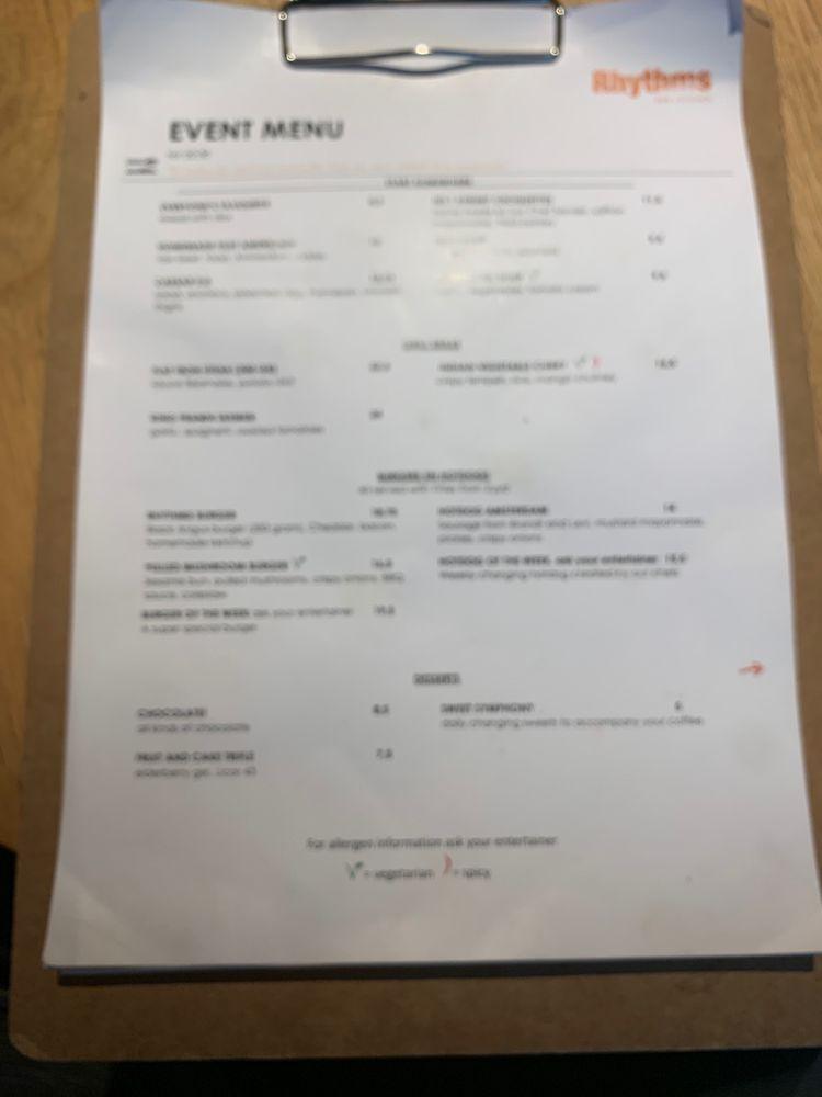 Menu at Rhythms Bar + Kitchen, Amsterdam