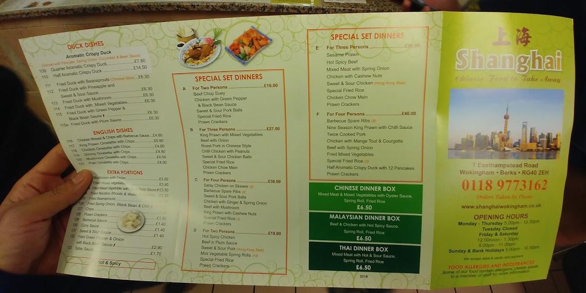 Menu at Shanghai Takeaway restaurant, Wokingham