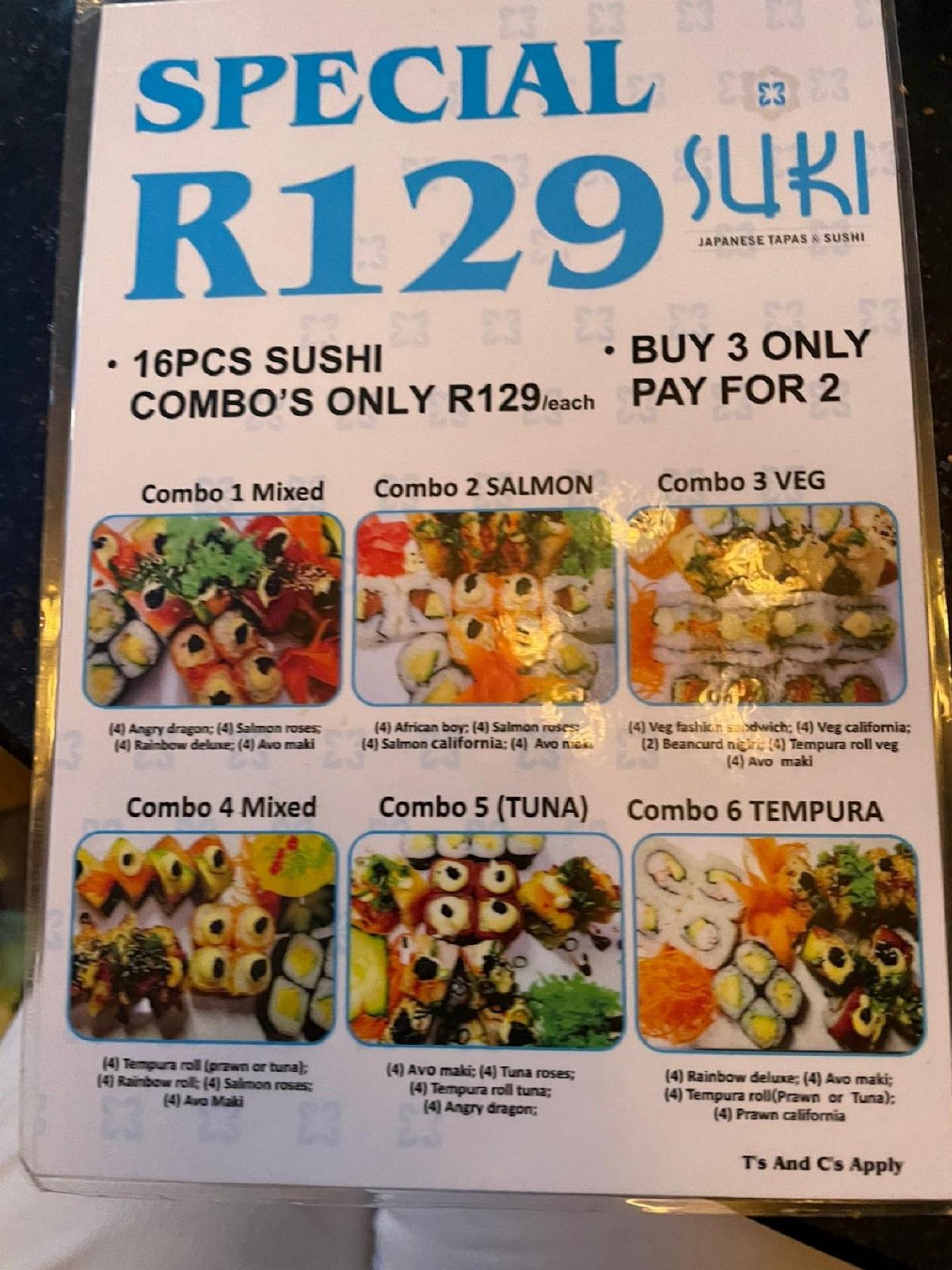 Menu au Suki Japanese Tapas & Sushi restaurant, Le Cap