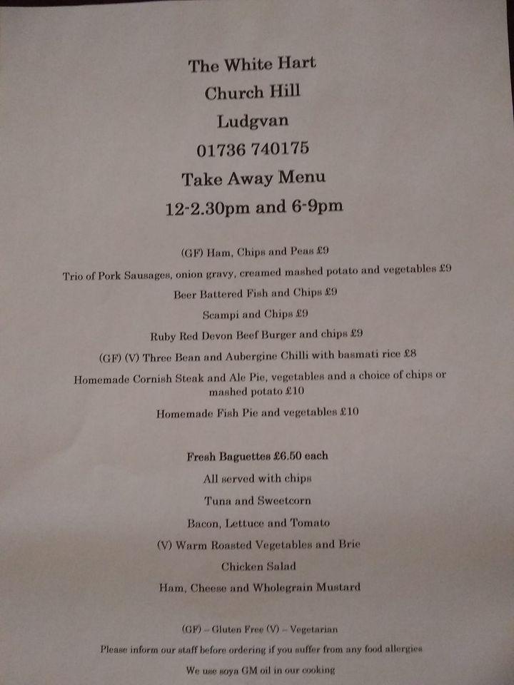 Menu at The White Hart pub & bar, Penzance, Church Hill