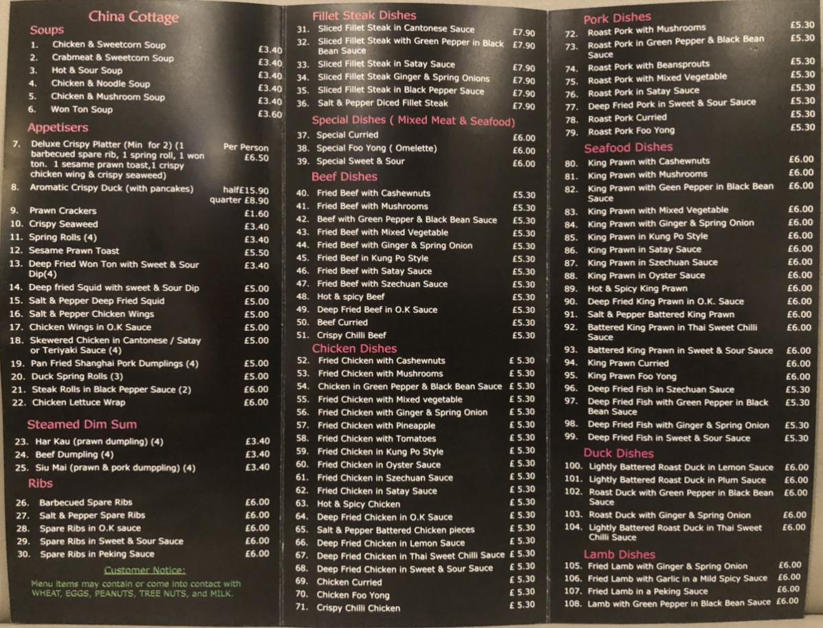 Menu at New China Cottage restaurant, Bury