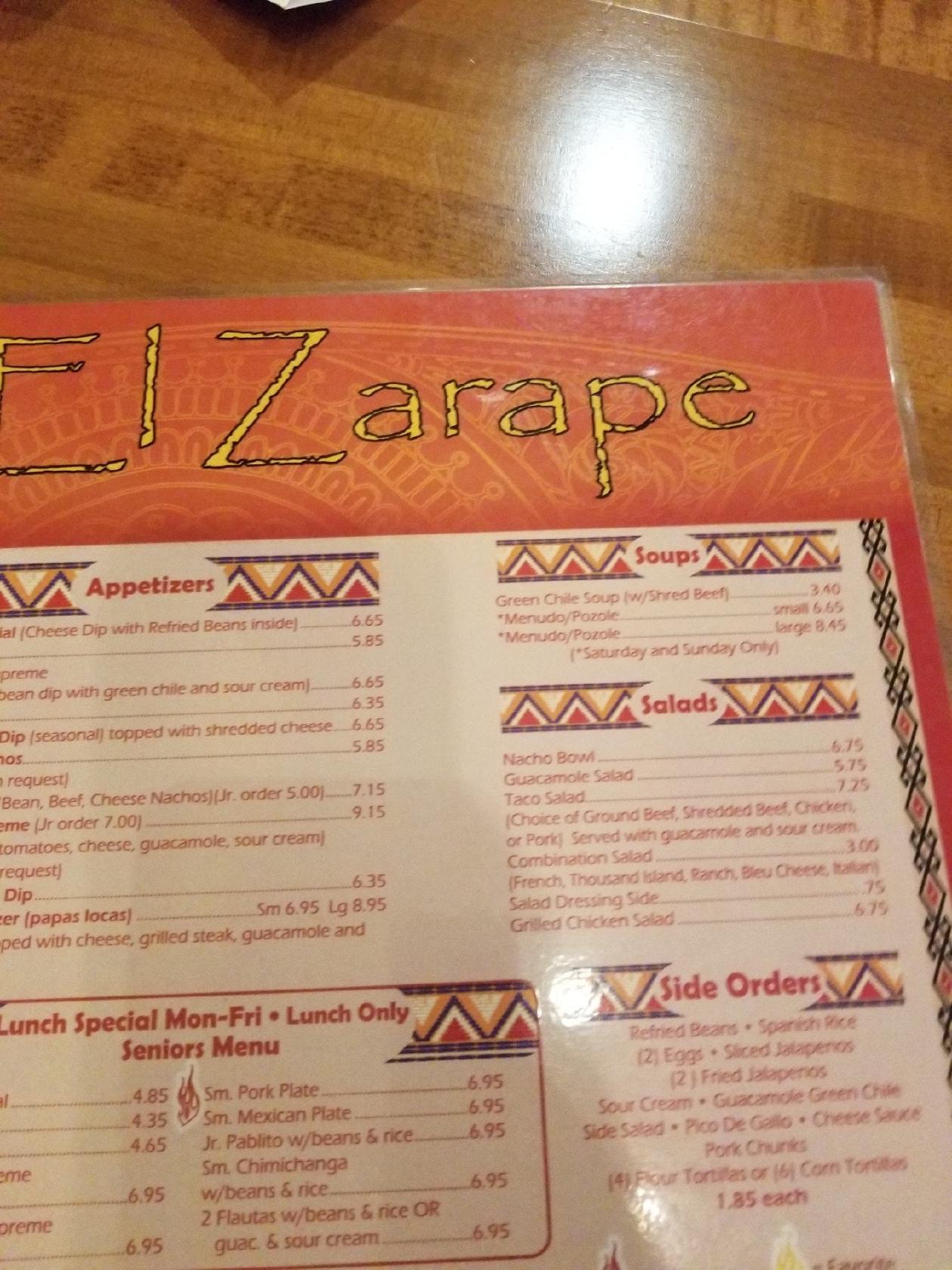 Menu at El Zarape Mexican Restaurant, Garden City, E Fulton St
