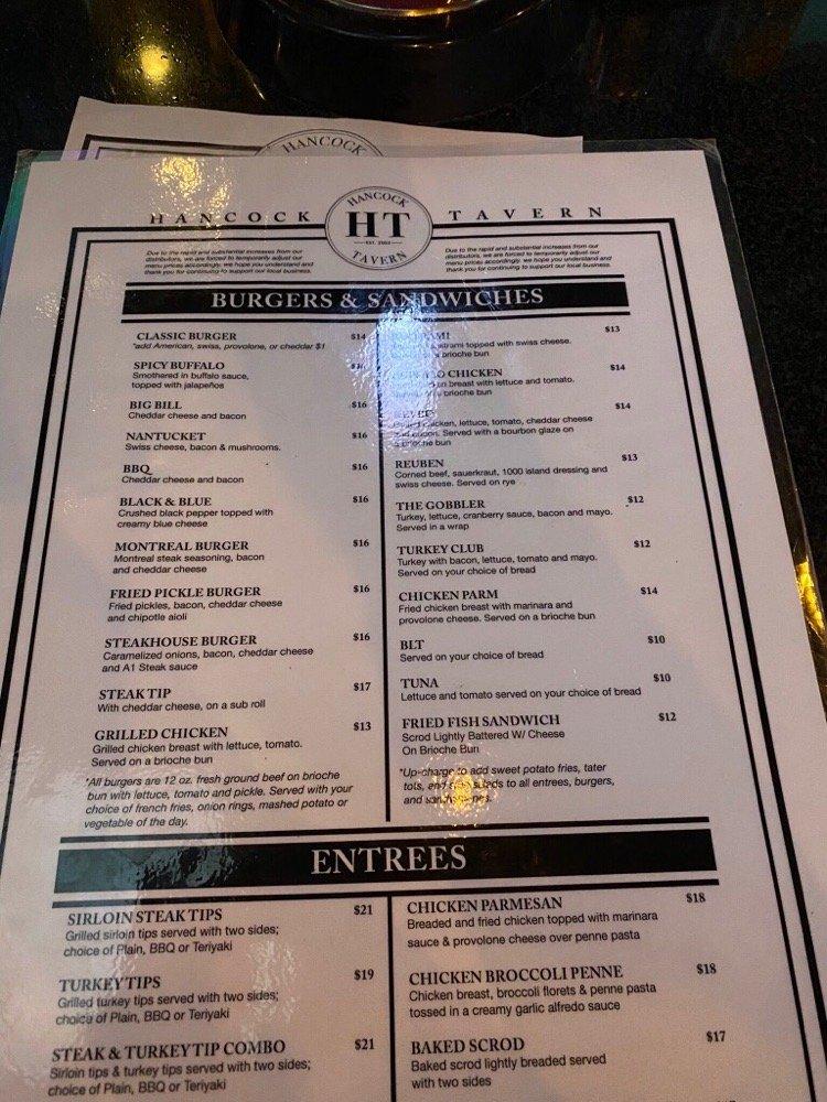 Menu at Hancock Tavern pub & bar, Quincy
