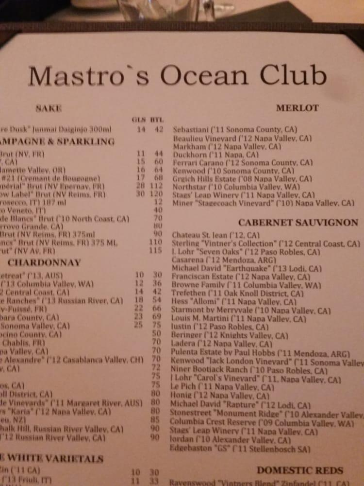 Menu at Mastro's Ocean Club, Las Vegas