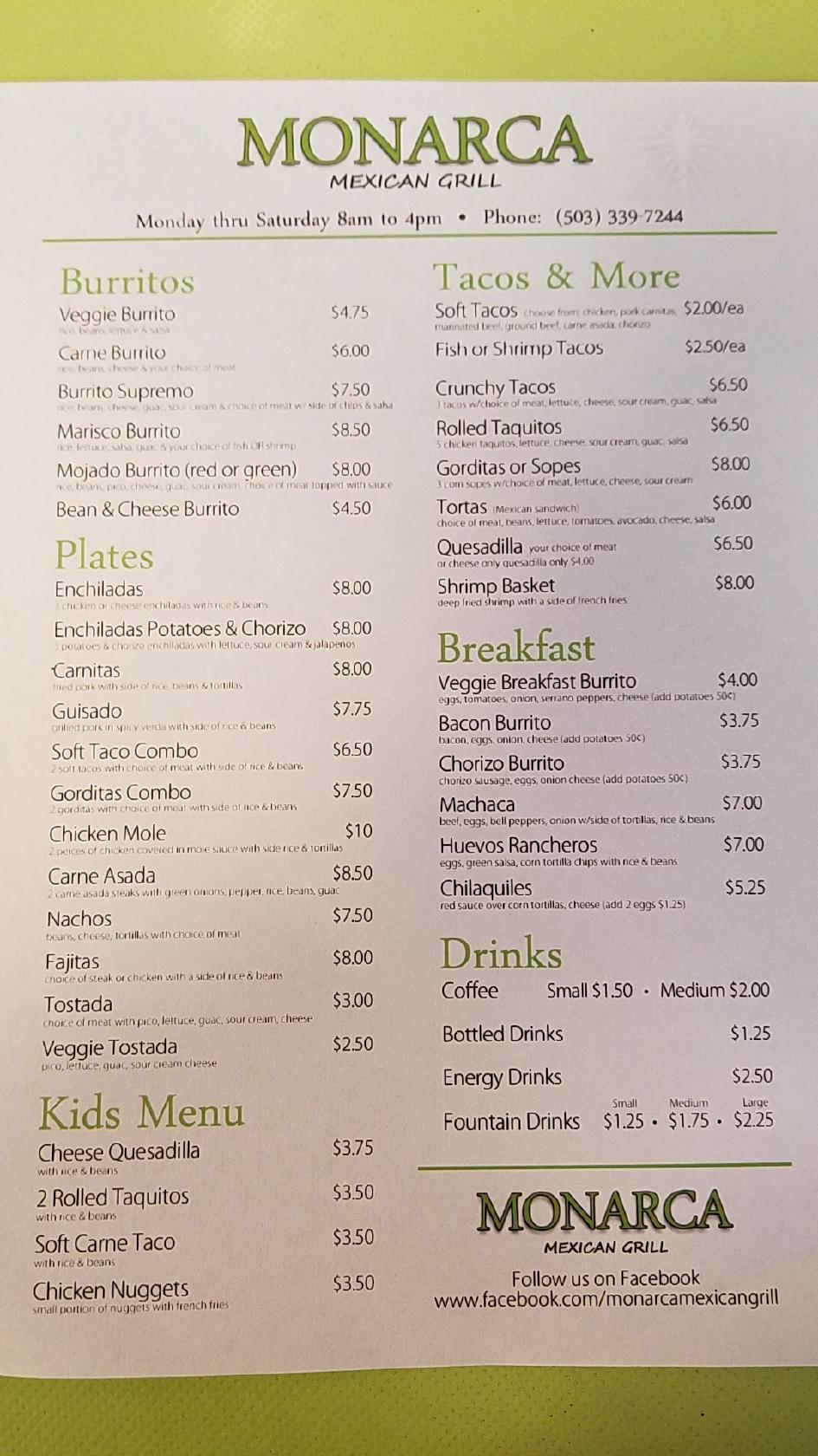 Carta del restaurante Monarca Mexican Grill, Salem