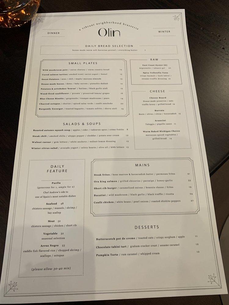 Menu at Olin Bar & Kitchen, Detroit