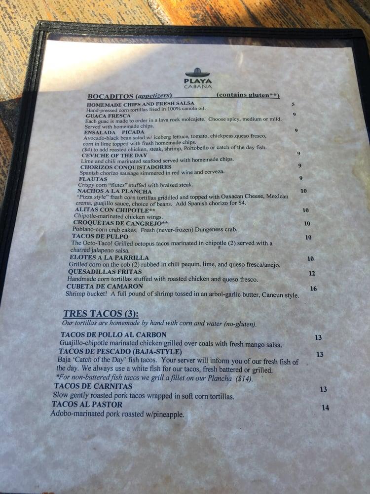 Menu at Playa Cabana pub & bar, Toronto, 111 Dupont St