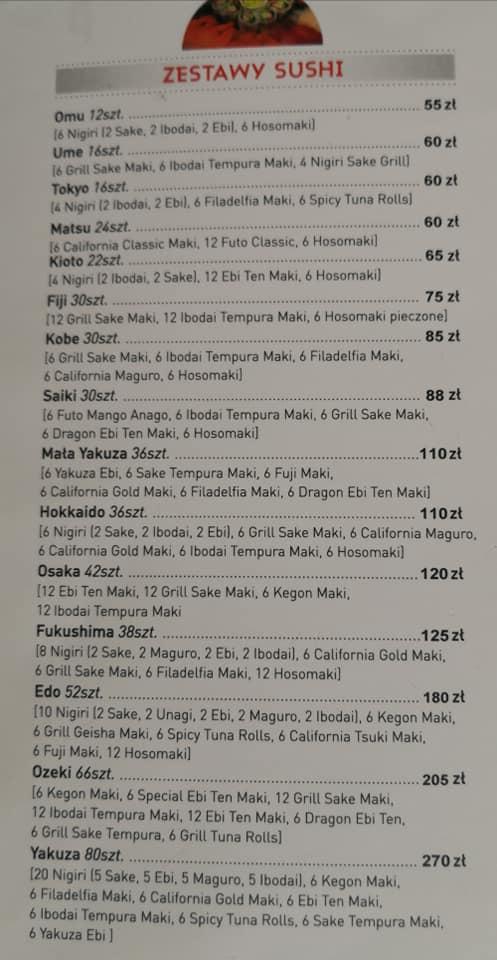 Menu at Yakuza Sushi restaurant, Warsaw, Łojewska 11