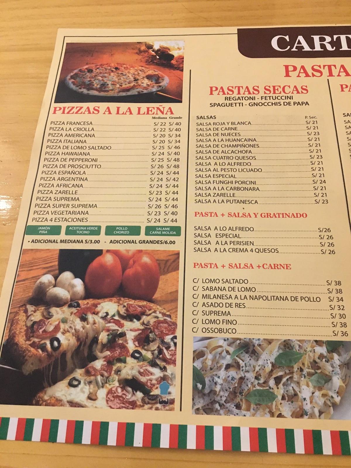 Menu at Zarelle - Pizzería & Trattoría, Jesus Maria
