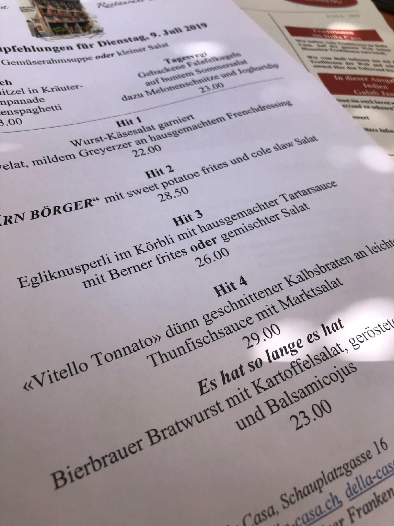 Menu da Della Casa, Berna