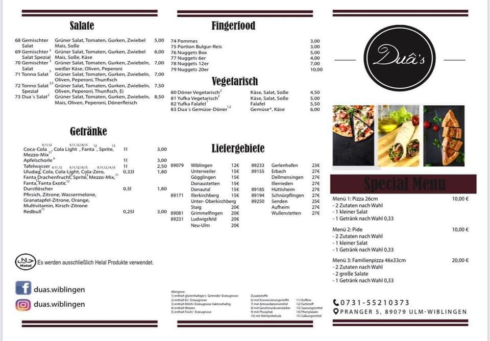 Menu at Dua's restaurant, Ulm