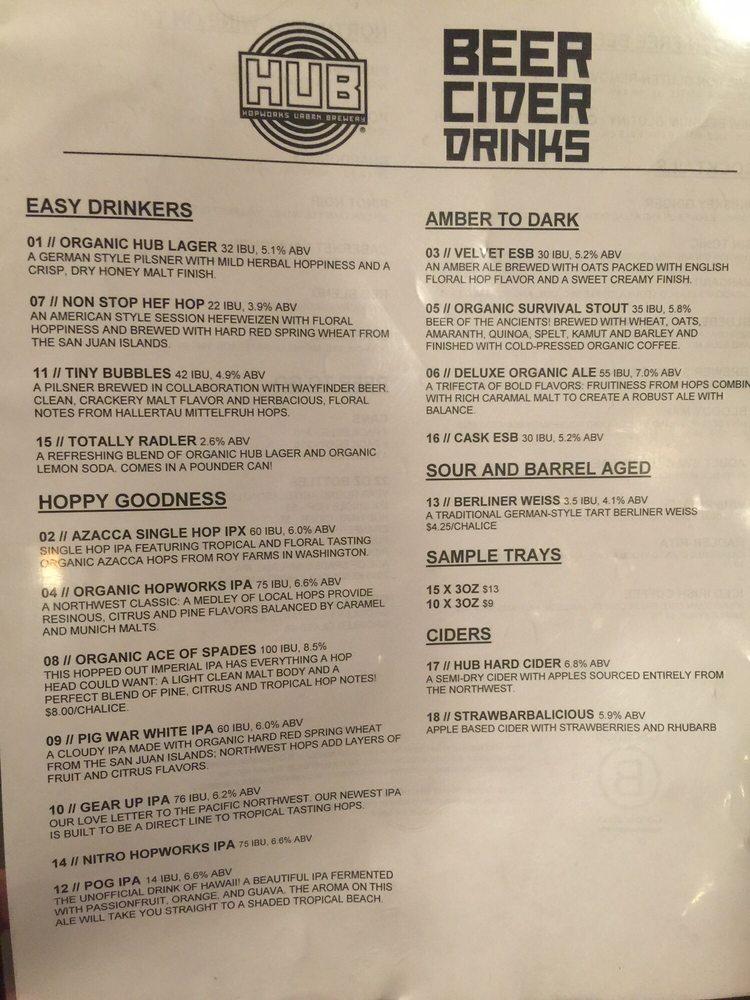 Menu at Hopworks Urban Brewery pizzeria, Portland, SE Powell Blvd