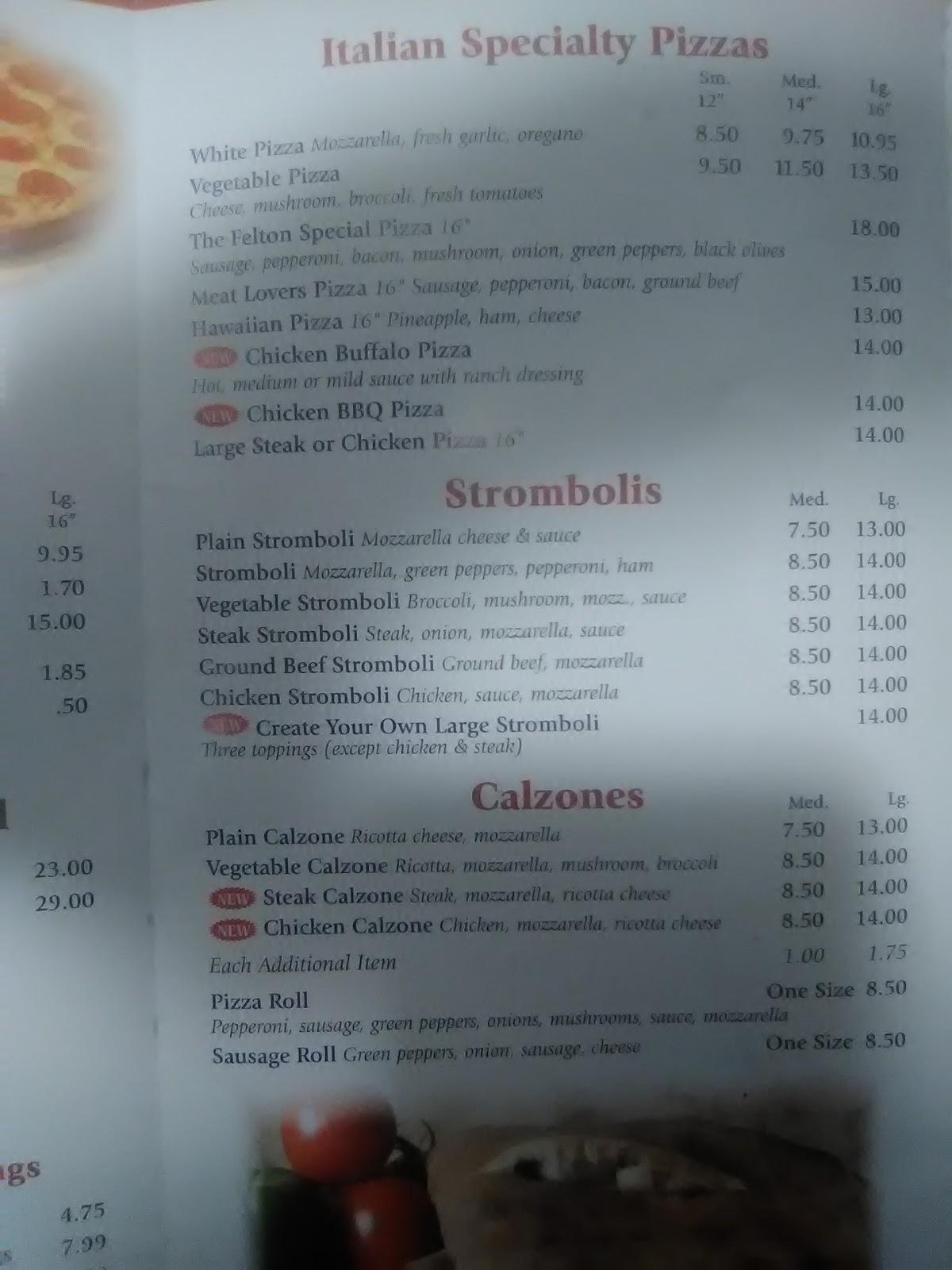Menu at Felton Pizza pizzeria, Felton