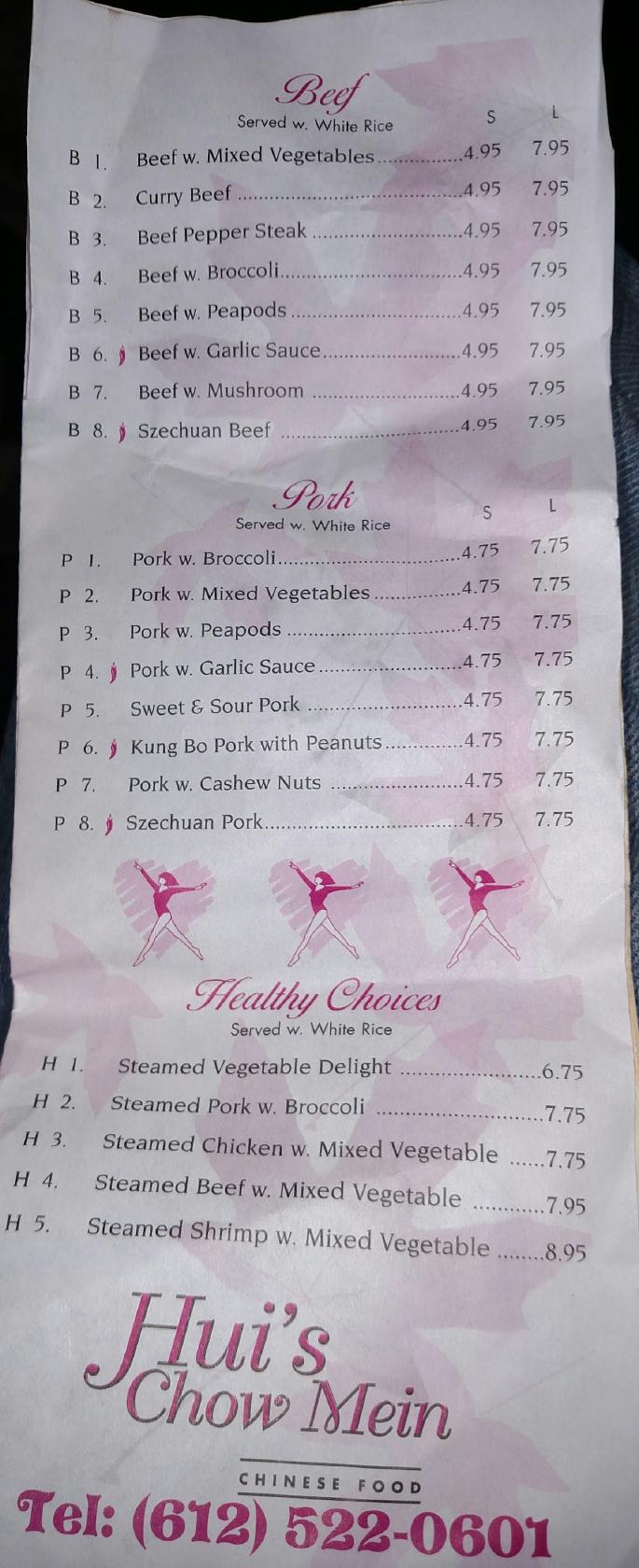 Carta del restaurante Hui's Chow Mein, Minneapolis