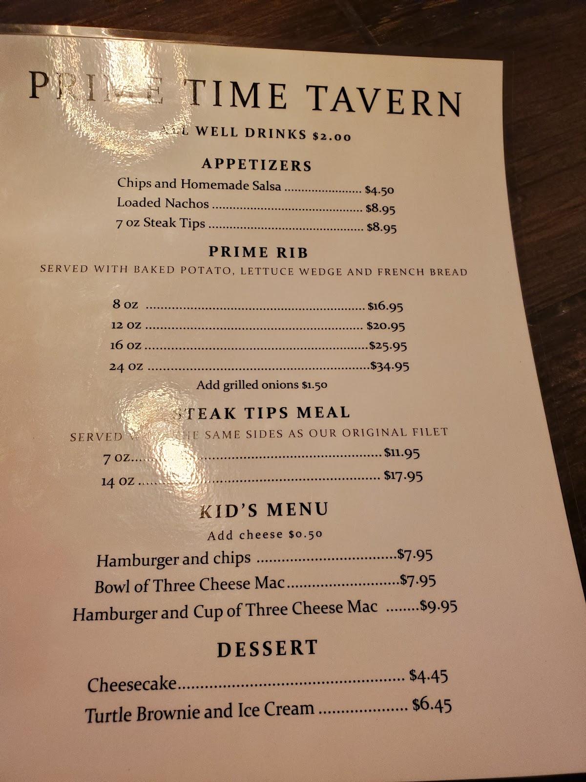 Menu at Prime Time Tavern steakhouse, Madison