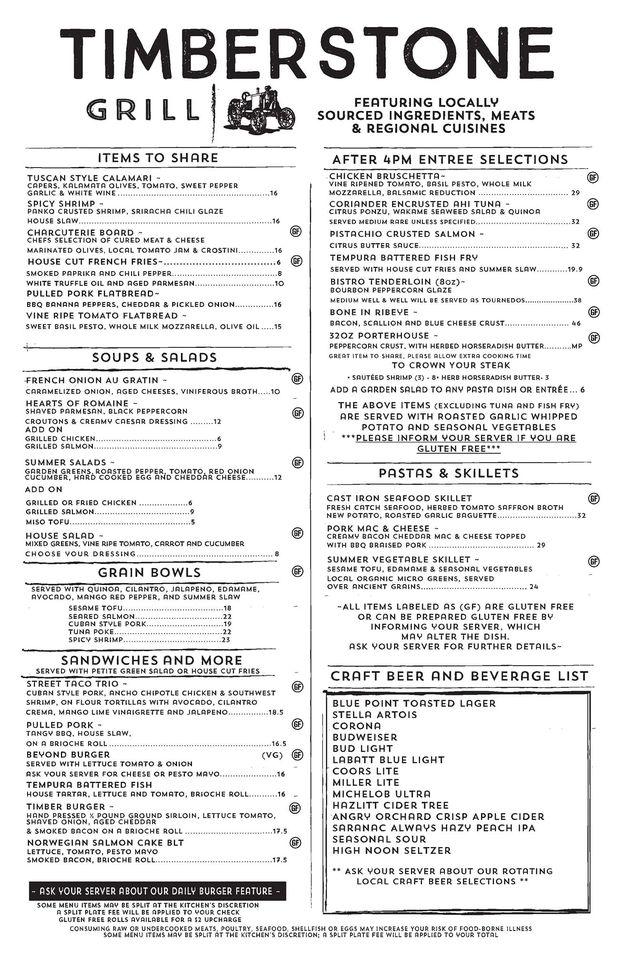 Menu at Timber Stone Grill pub & bar, Hammondsport