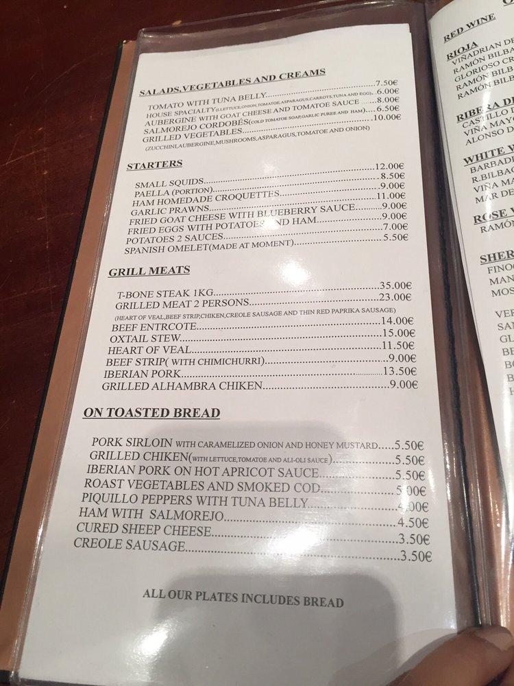 Menu at Alhambra restaurant, Madrid, C. de la Victoria
