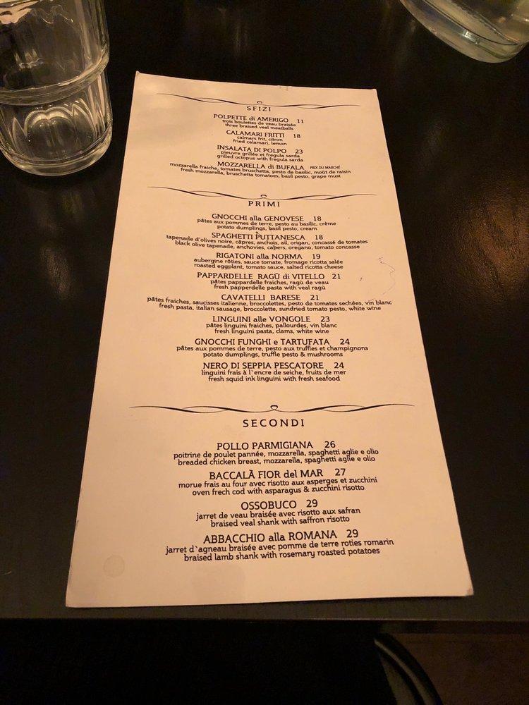Menu at Bistro Amerigo restaurant, Montreal