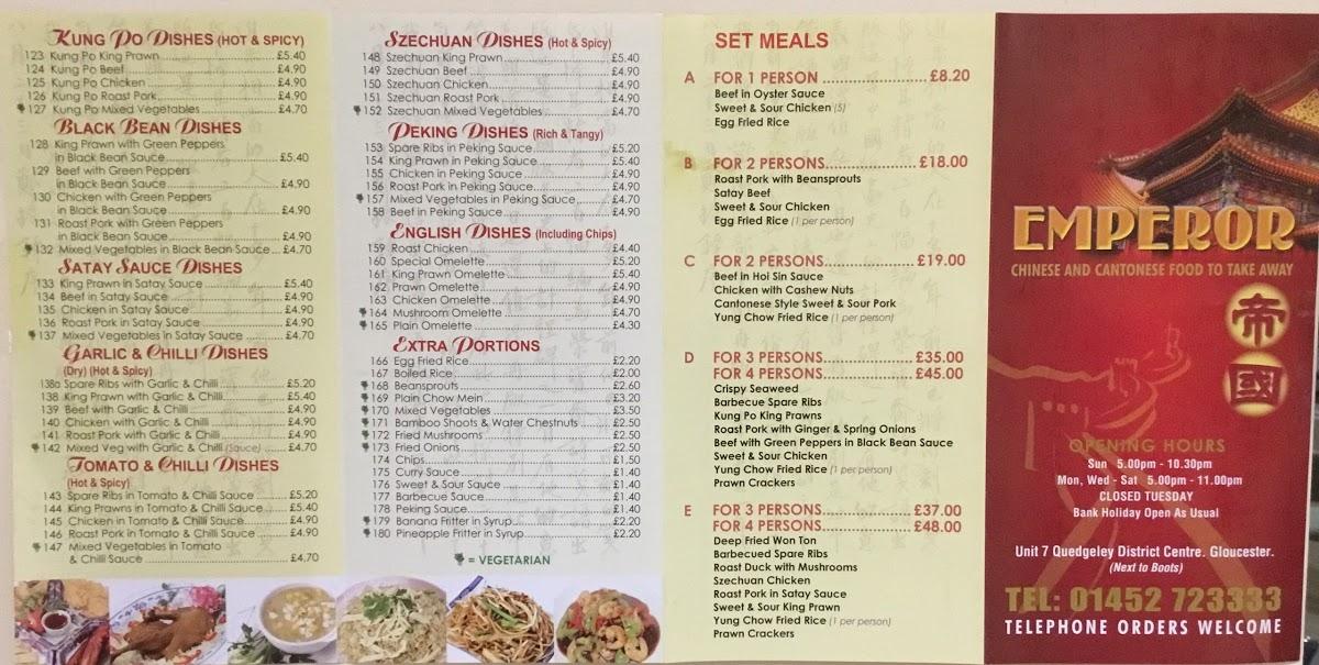 Menu at Emperor Chinese fast food, Gloucester, Unit 7