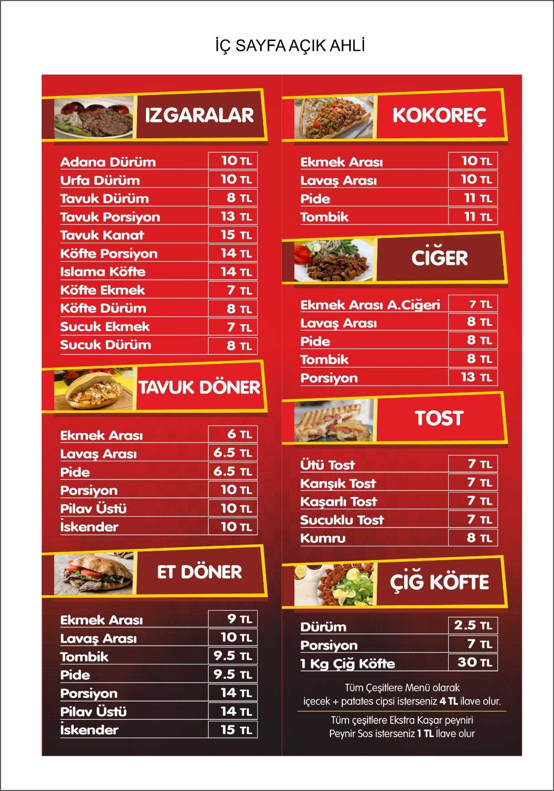 Menu at Etsever döner, Gölcük