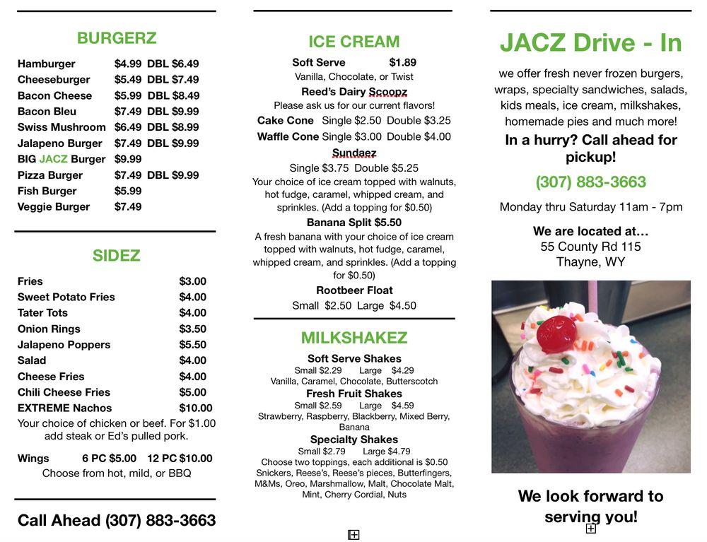 Menu at JACZ Drive - In restaurant, Etna