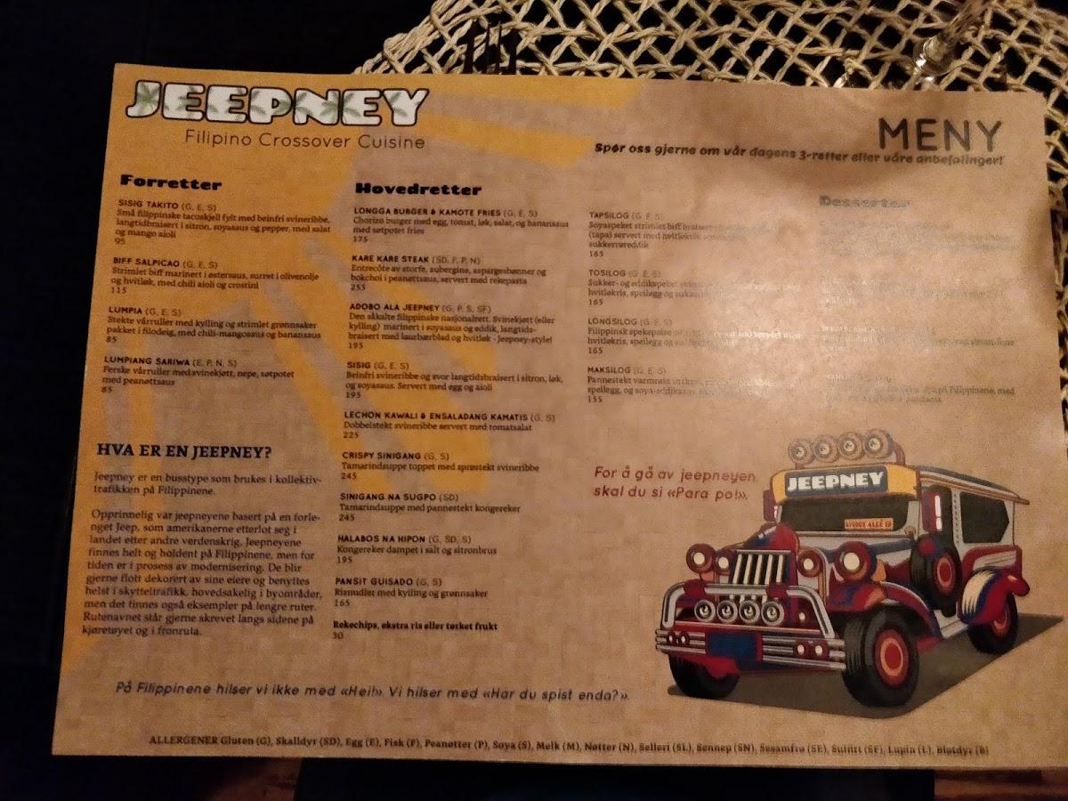 Menu at Jeepney: Filipino Crossover Cuisine restaurant, Oslo