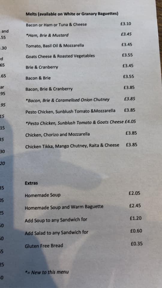 Menu at Lindley's cafe, Huddersfield
