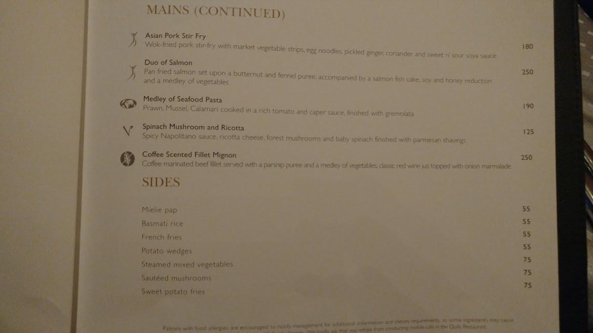 Menu at Quills Restaurant, Kempton Park