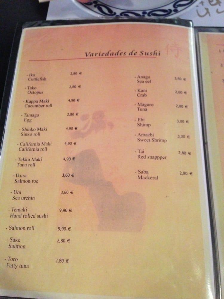 Carta del restaurante Samurai, Sevilla