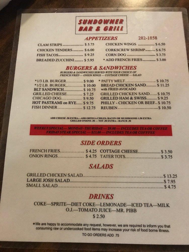 Menu at Sundowner pub & bar, Sedona