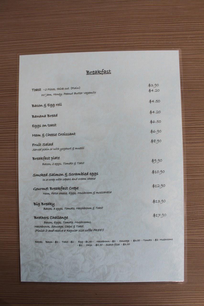 Menu at The Rusty Flute cafe, Bella Vista