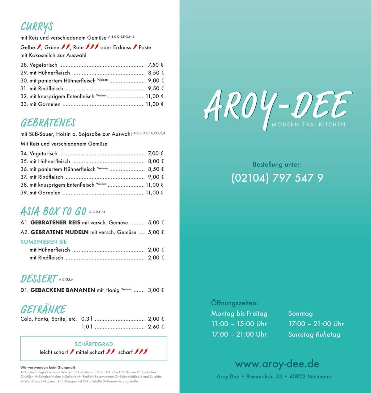 Speisekarte von Aroy-Dee Thailändischer Imbiss restaurant, Mettmann