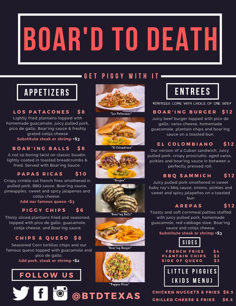 Menu at Boar'd to Death restaurant, Cypress