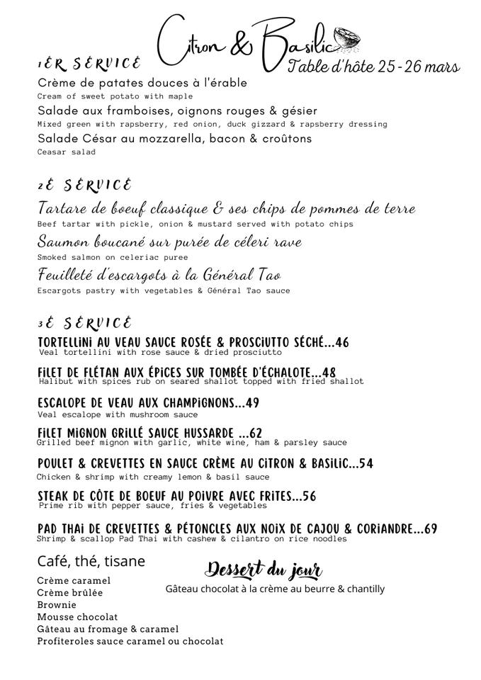 Menu au Restaurant Citron et Basilic, Huntingdon