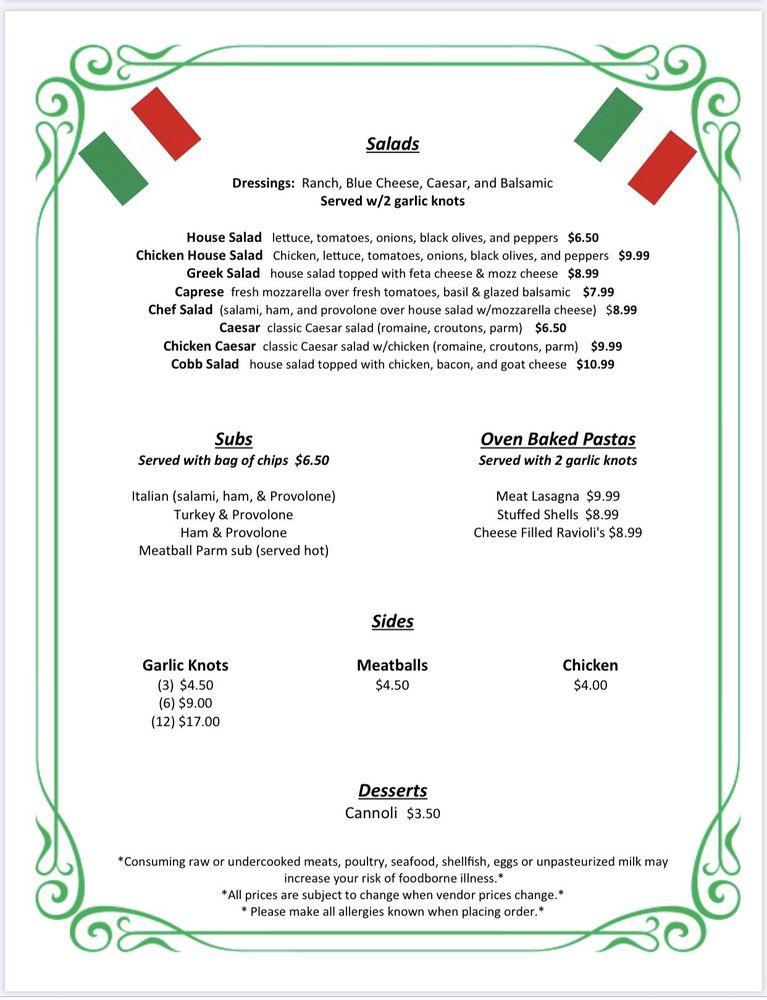 Menu at Froggy’s pizzeria, Cape Charles
