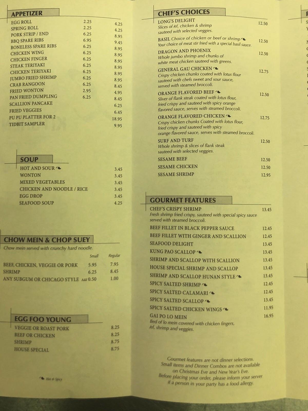 Menu at Long's Kitchen restaurant, Tewksbury
