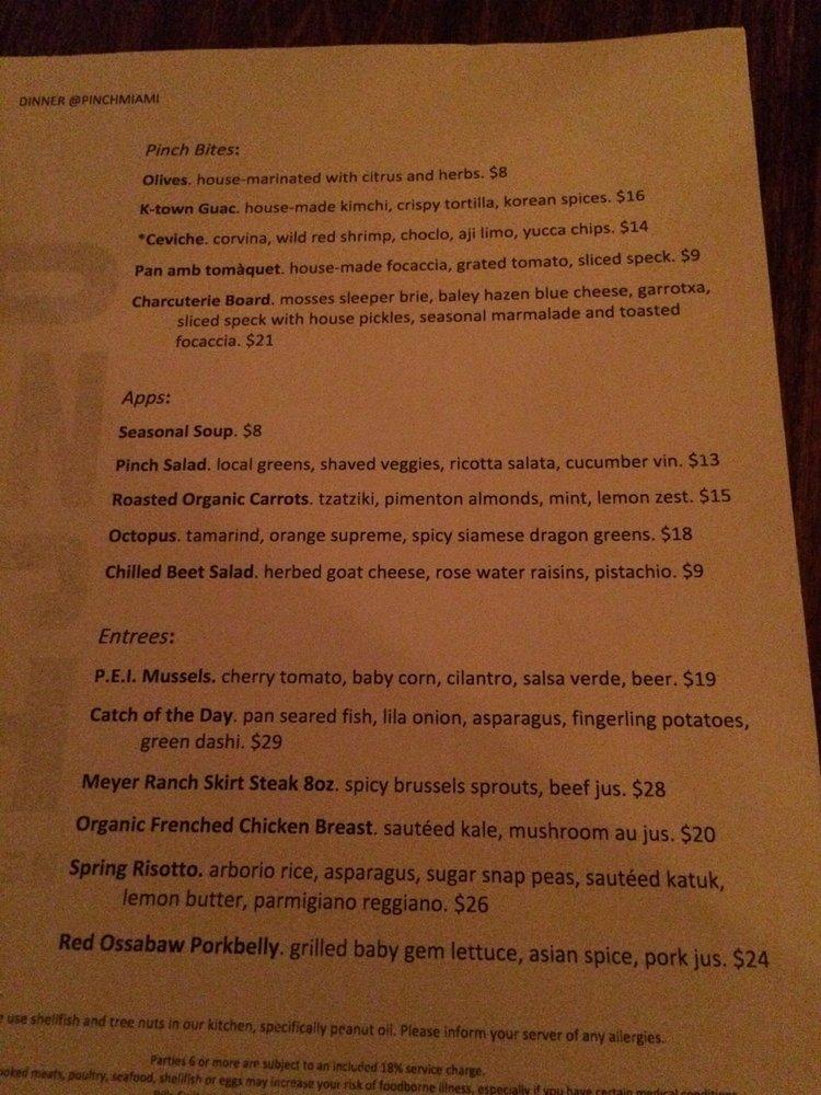 Menu at PINCH KITCHEN+BAR, Miami
