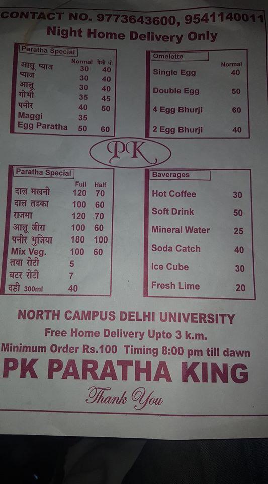 Menu at PK PARATHA KING, Delhi